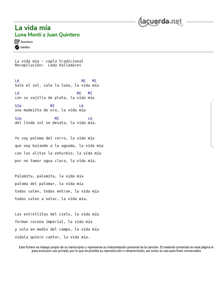 LA VIDA MIA, Luna Monti y Juan Quintero - Acordes | PDF | Clásicos