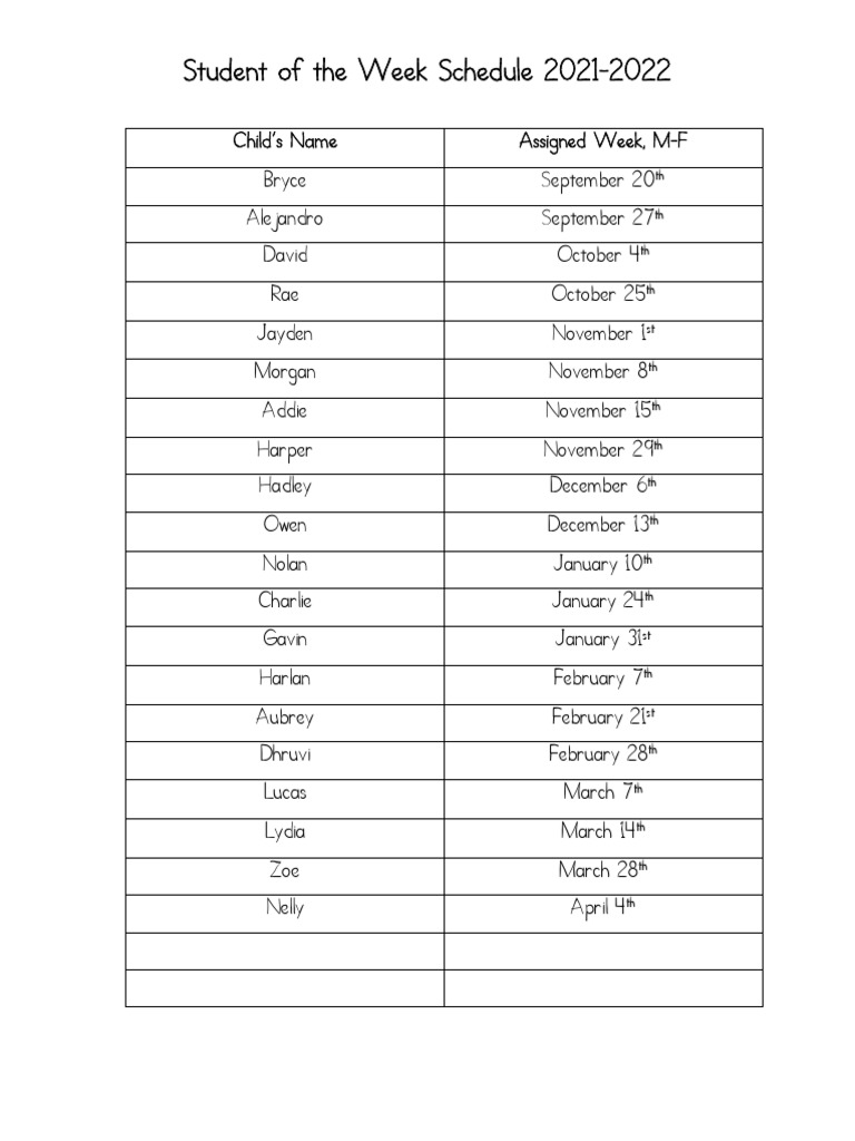 Student of The Week Schedule | PDF | Art