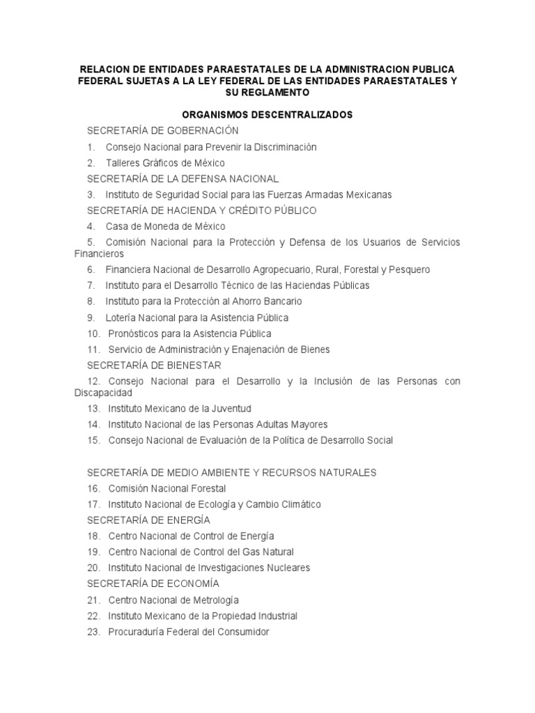 Listado de entidades paraestatales de la administración pública federal ...