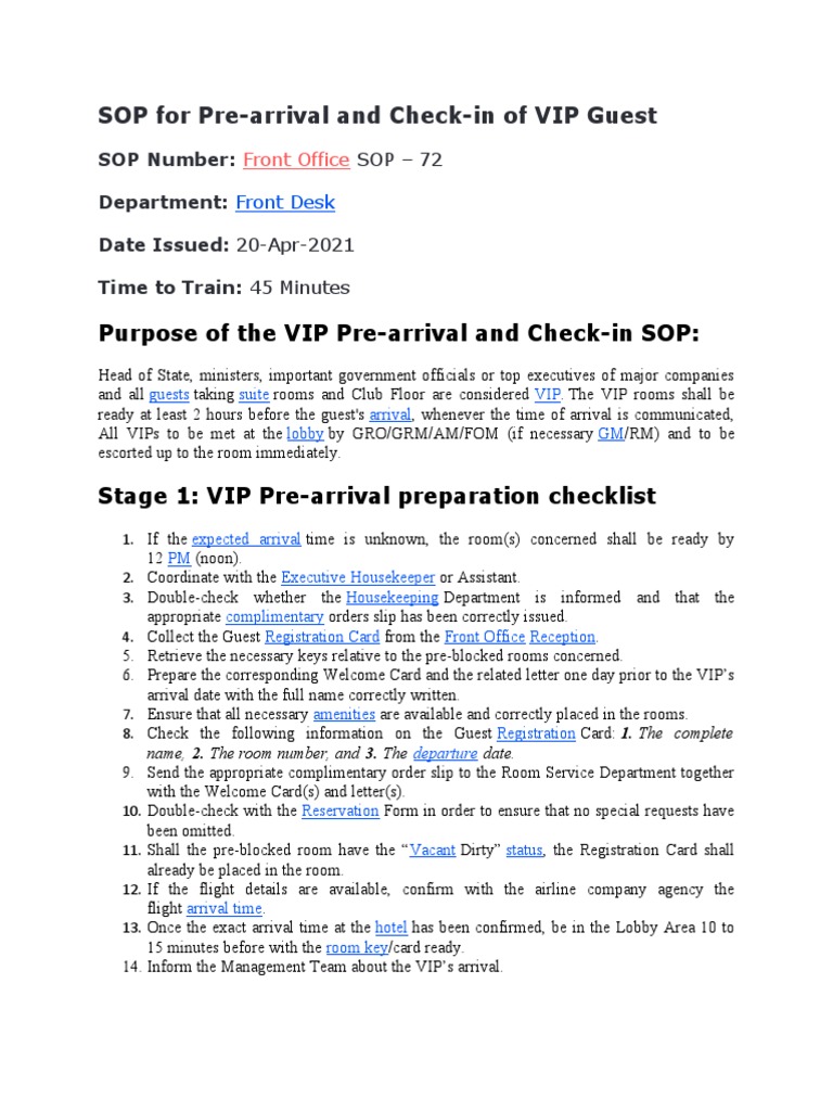 VIP Pre-Arrival SOP | PDF