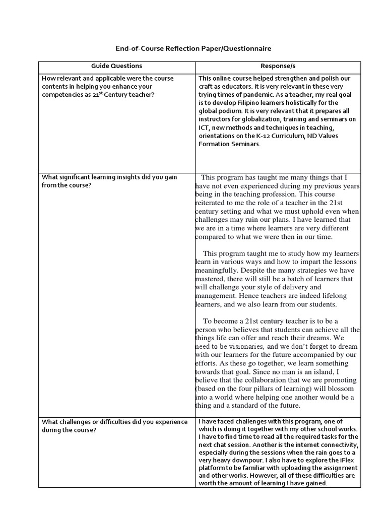 End-of-Course Reflection Paper/Questionnaire: Guide Questions Response ...