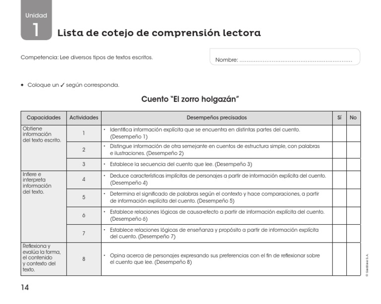 Lista de Cotejo de Comprensión Lectora | PDF