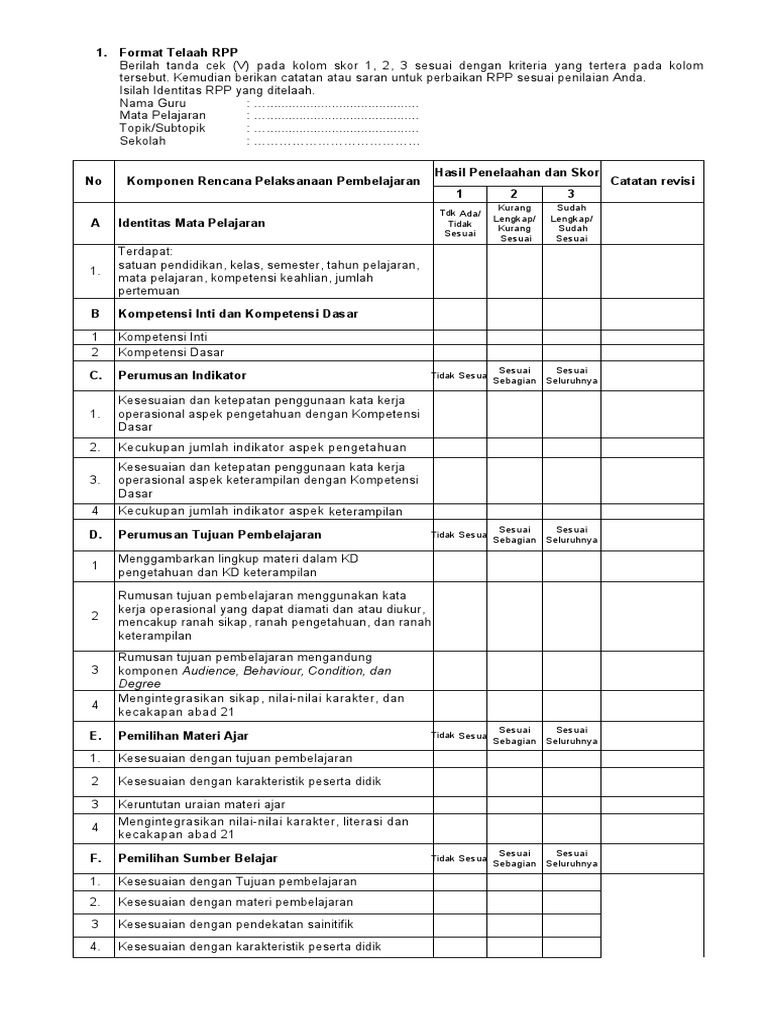 Telaah RPP: Format dan Penilaian | PDF | Karier & Perkembangan