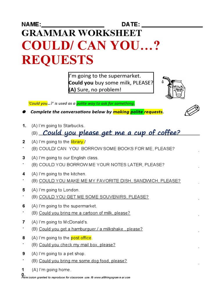 Could/ Can You ? Requests: Grammar Worksheet | PDF | Food And Drink ...