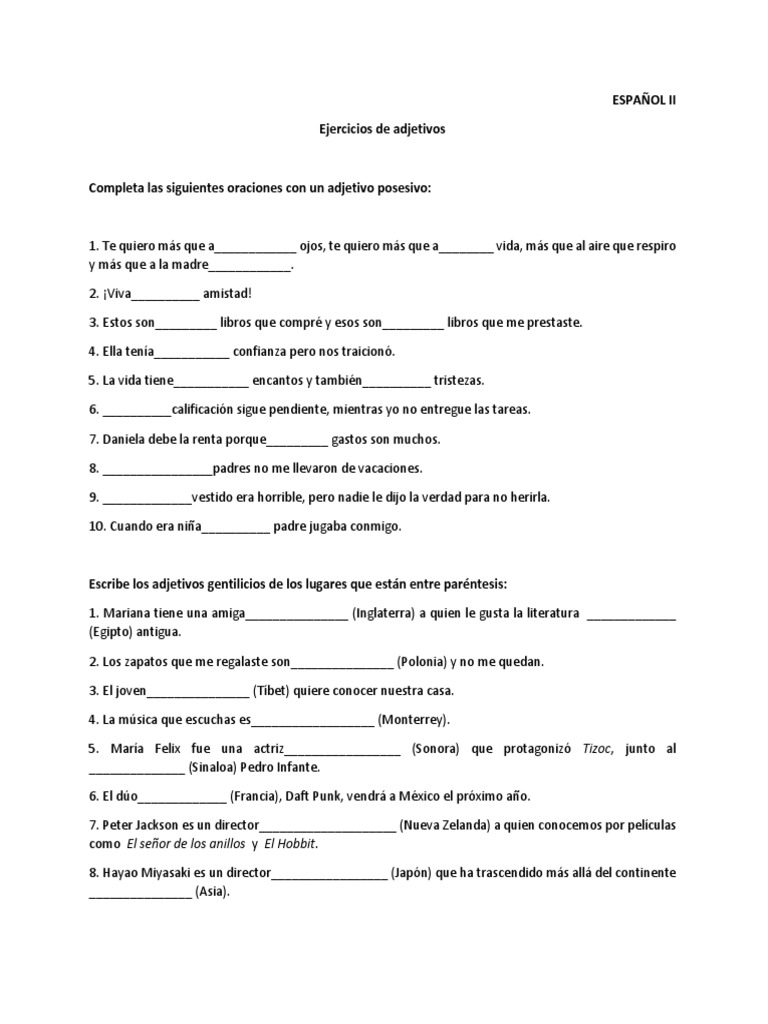 Ejercicios de Adjetivos en Español | PDF | Artes del Lenguaje y ...