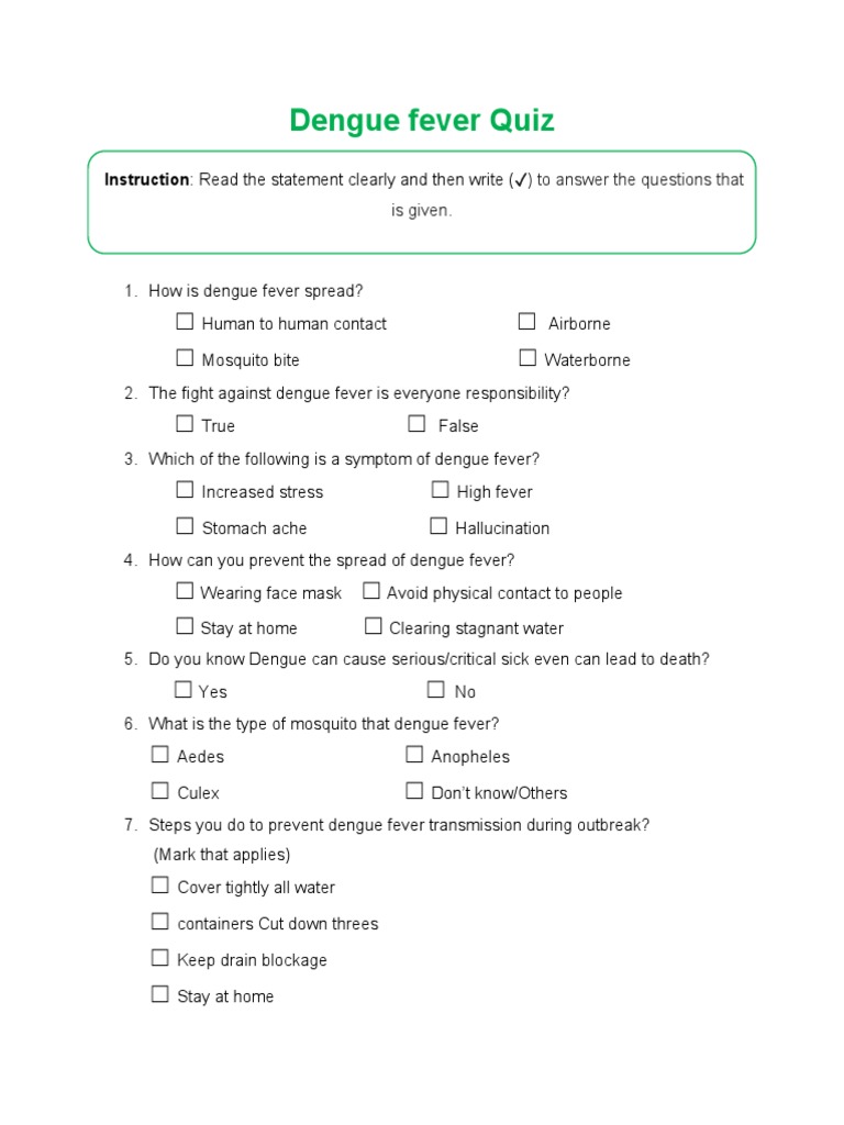 Dengue Fever Quiz: Instruction: Read The Statement Clearly and Then ...