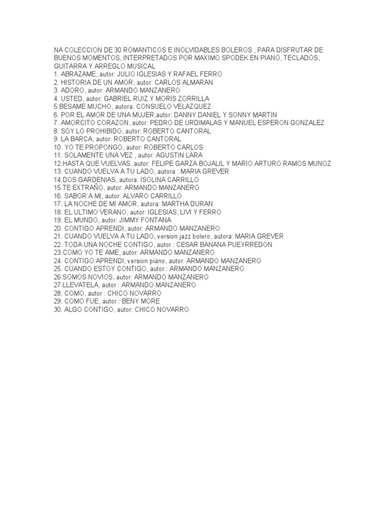 Na Coleccion de 30 Romanticos e Inolvidables Boleros | PDF