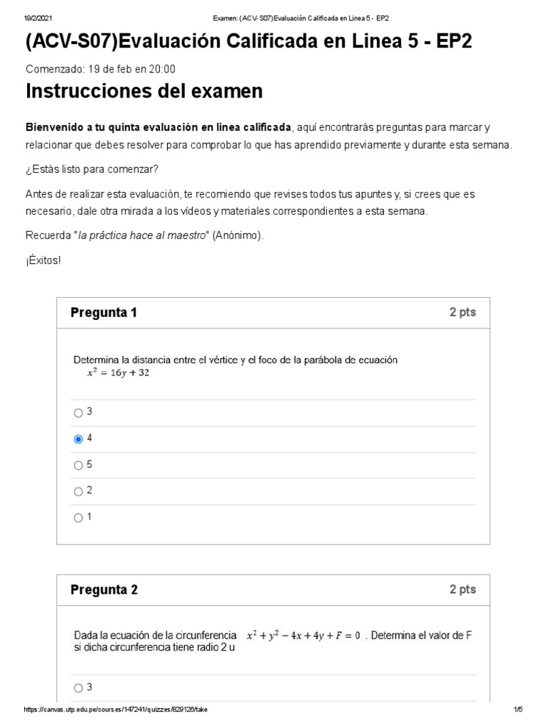 Examen - (ACV-S07) Evaluación Calificada en Linea 5 - EP2 - Resuelto | PDF