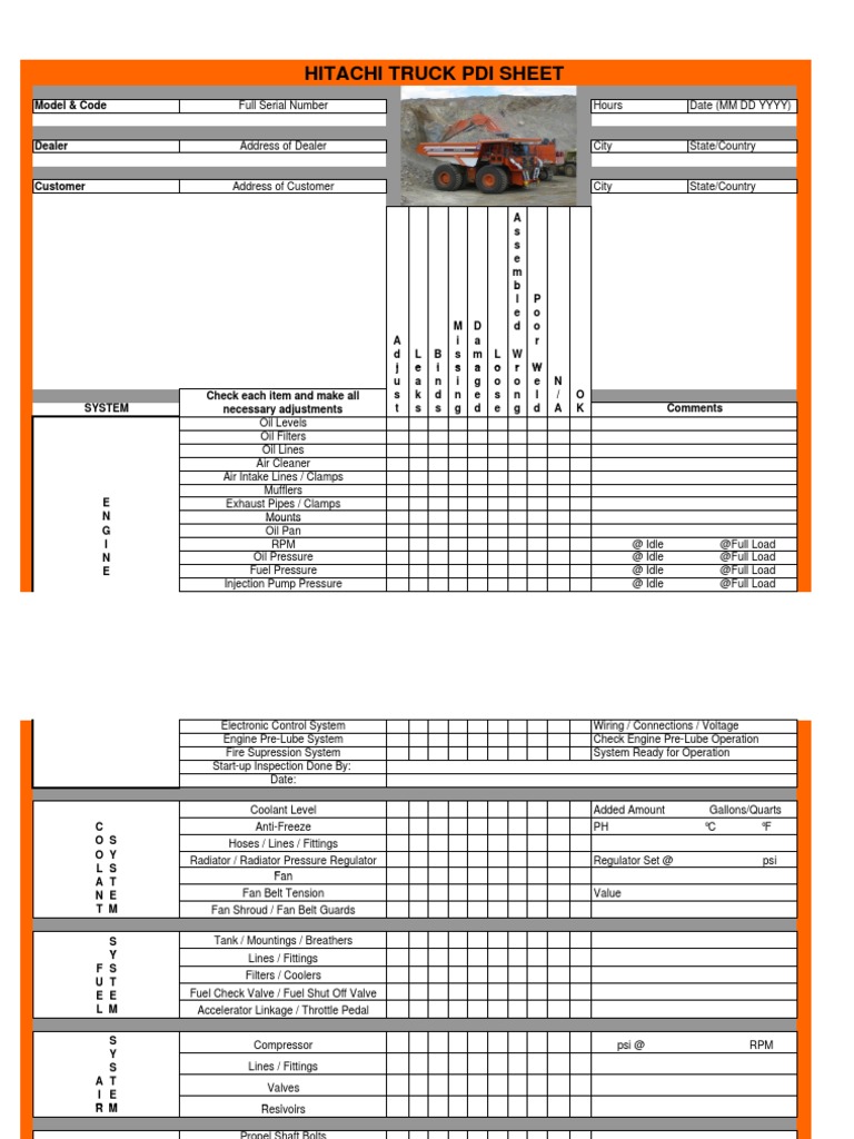 Hitachi Truck Pdi Sheet | PDF | Brake | Throttle