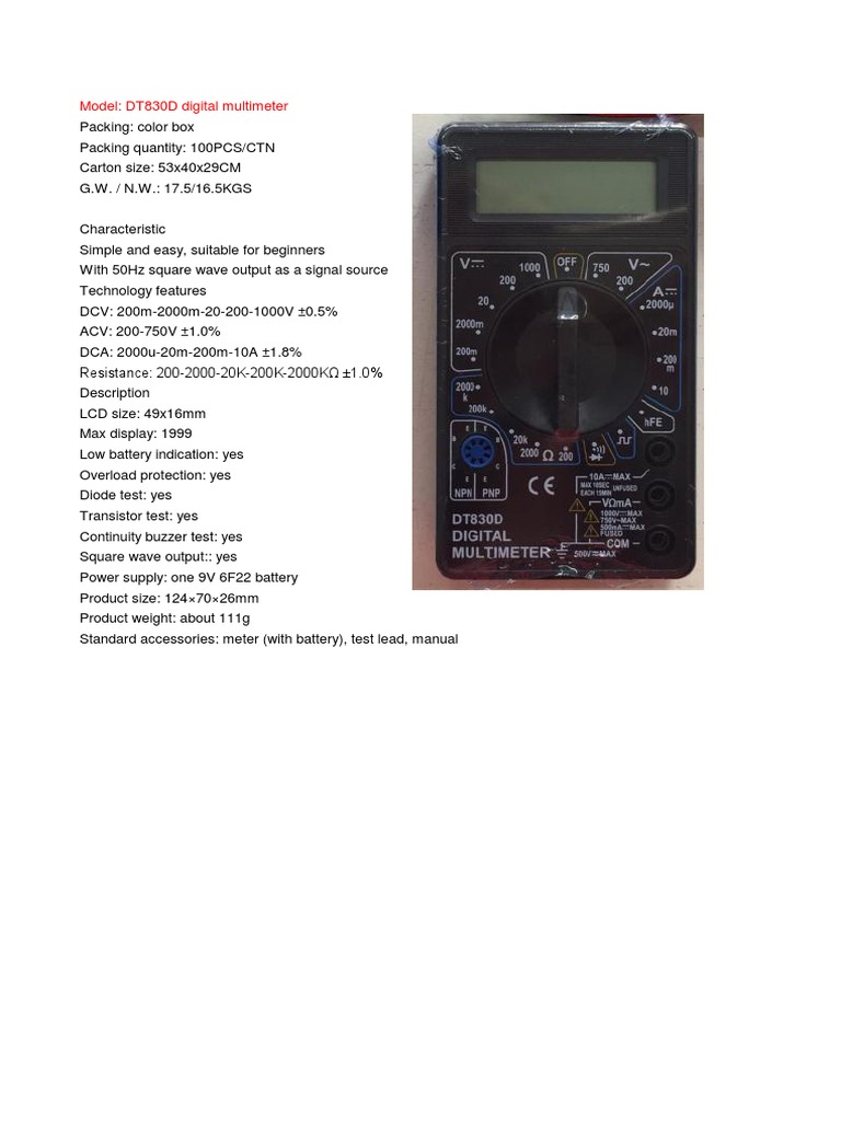 Model: DT830D Digital Multimeter | PDF