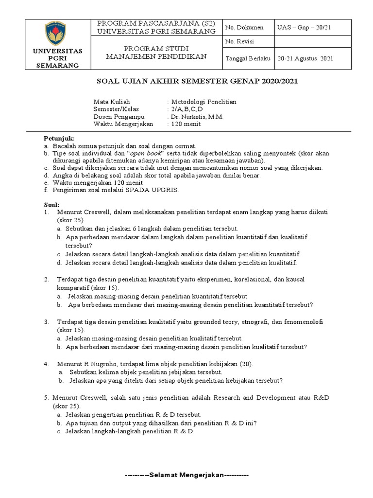 Soal UAS Metodologi Penelitian | PDF | Sains & Matematika | Komputer