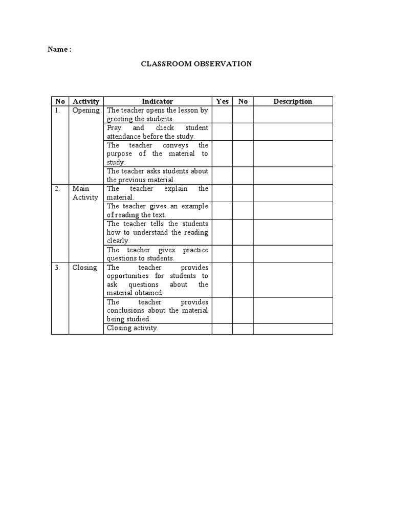 Name: Classroom Observation | PDF | Reading Comprehension | Teachers