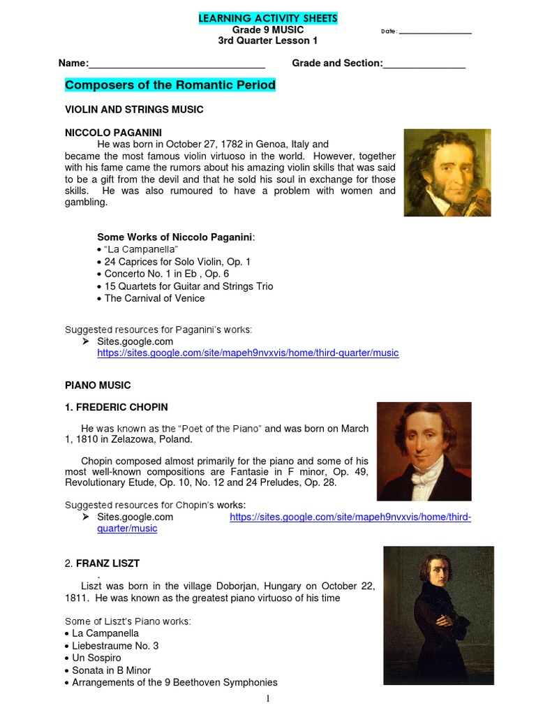 01-Music Q3 Lesson 1 ComposersOfTheRomanticPeriod - v3 | PDF | Pyotr ...