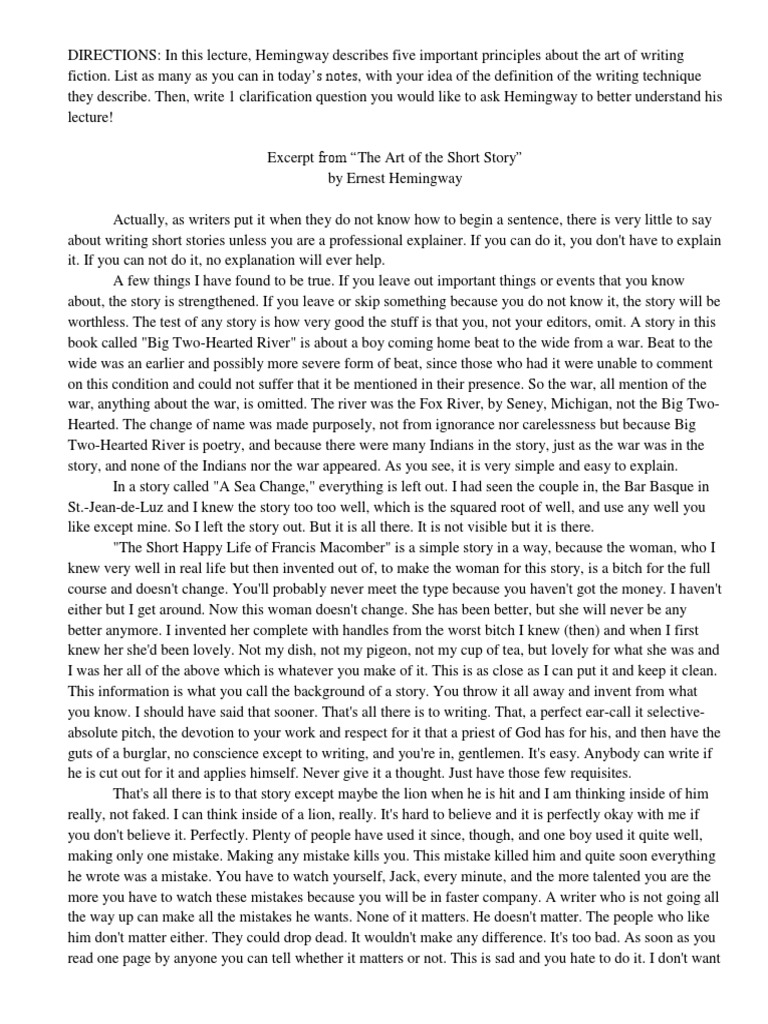 Hemingway The Art of The Short Story | PDF | Ernest Hemingway