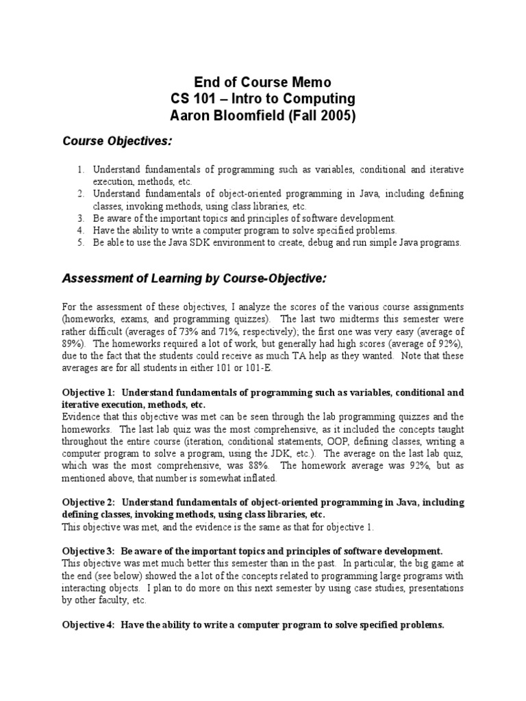 End of Course Memo CS 101 - Intro To Computing Aaron Bloomfield (Fall 2005) | Download Free PDF ...