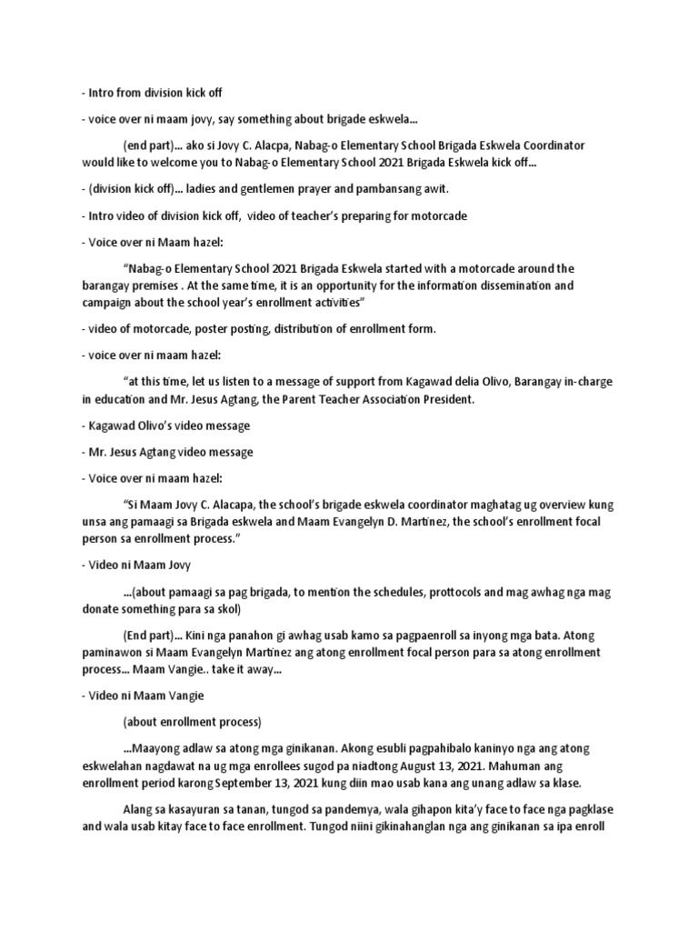 Brigada Eskwela 2021 Script | PDF