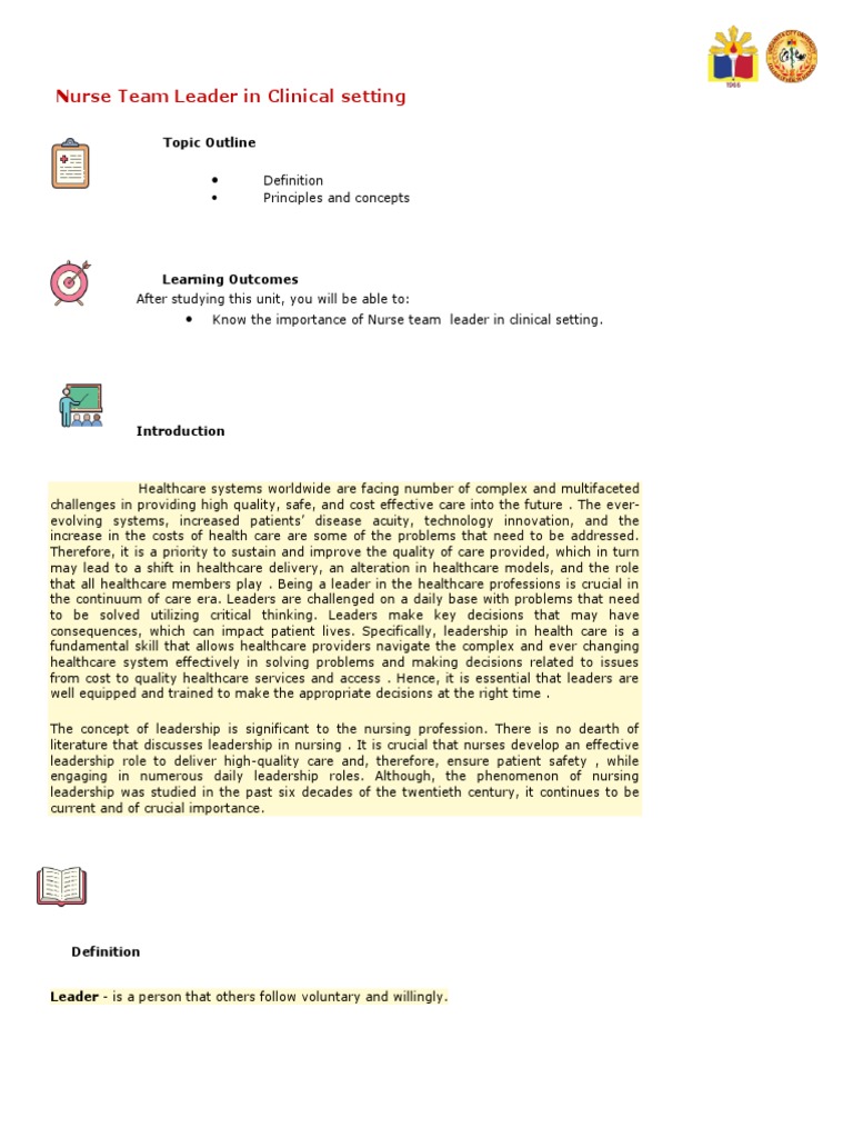 Nurse Team Leader in Clinical Setting | PDF | Leadership | Health Care