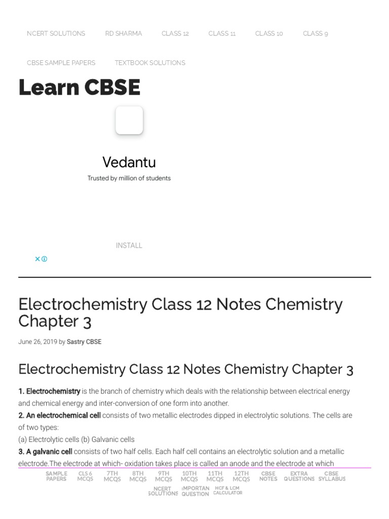 Electrochemistry Class 12 Notes Chemistry Chapter 3 - Learn CBSE | PDF ...