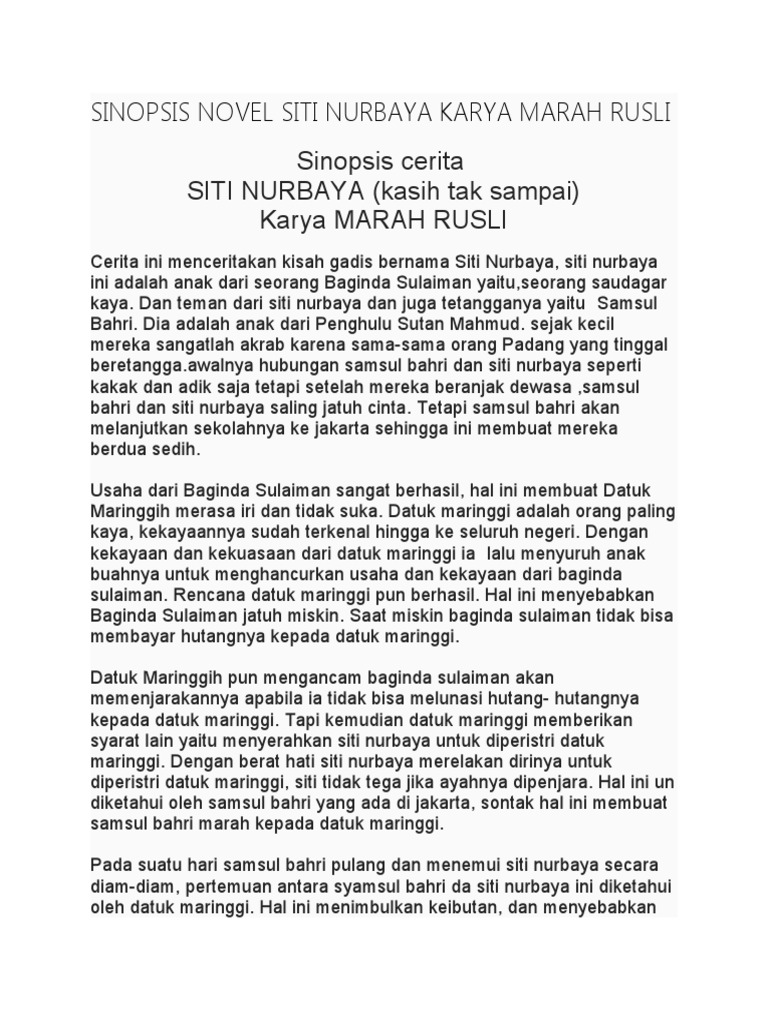 Sinopsis Novel Siti Nurbaya Karya Marah Rusli | PDF