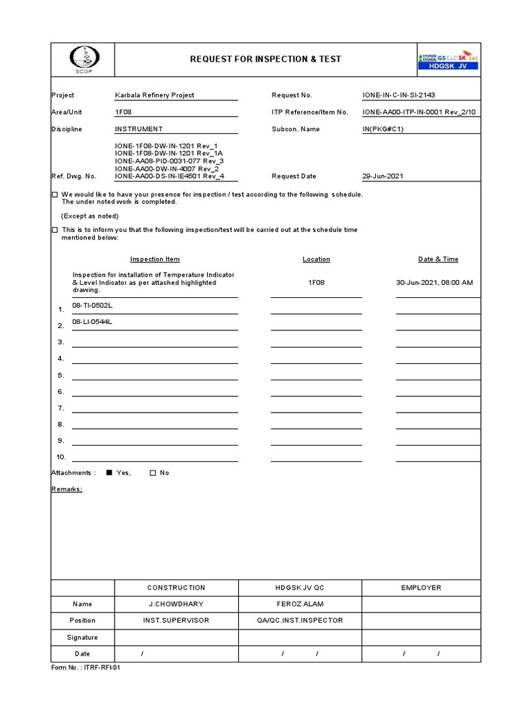 Request For Inspection & Test: Form No.: ITRF-RFI-01 | PDF
