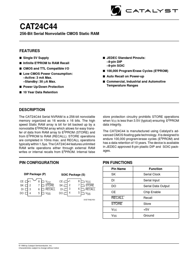 CAT24C44: 256-Bit Serial Nonvolatile CMOS Static RAM | PDF | Random ...