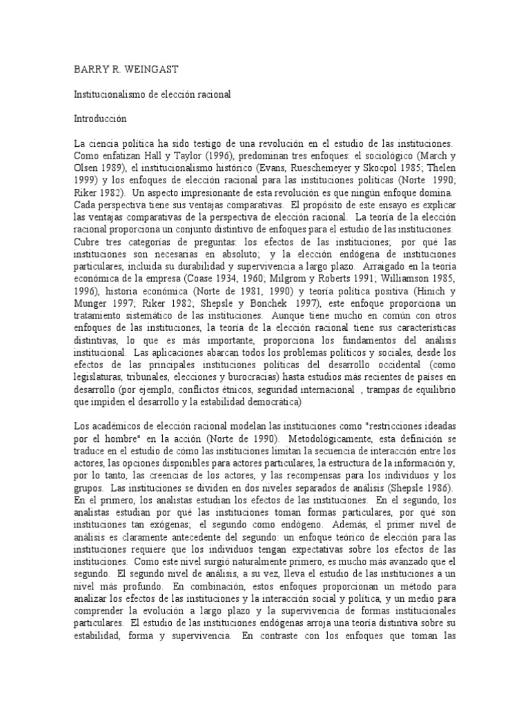 Barry Weingast - Institucionalismo de Elección Racional | PDF ...