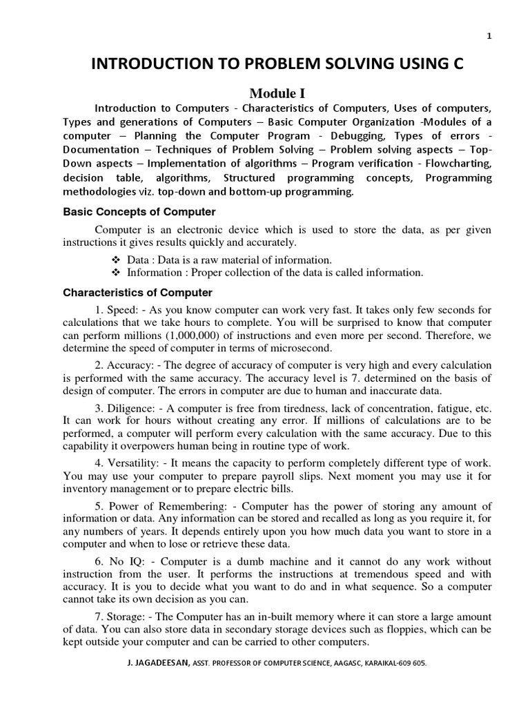 Introduction To Problem Solving Using C: Basic Concepts of Computer | PDF | Pointer (Computer ...