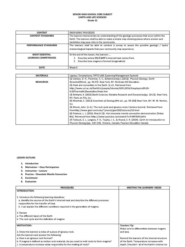 DETAILED LESSON PLAN Earth and Life Sciences Grade 11 Week 6 | PDF ...