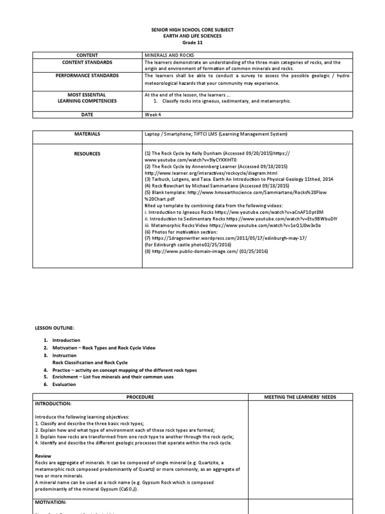 DETAILED LESSON PLAN Earth and Life Sciences Grade 11 Week 4 | PDF ...