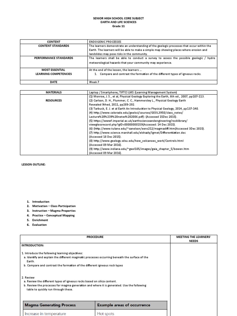 DETAILED LESSON PLAN Earth and Life Sciences Grade 11 Week 7 | PDF ...