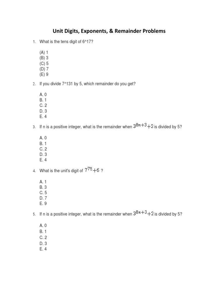 Unit Digits, Exponents, - Remainder Problems | PDF | Mathematical ...