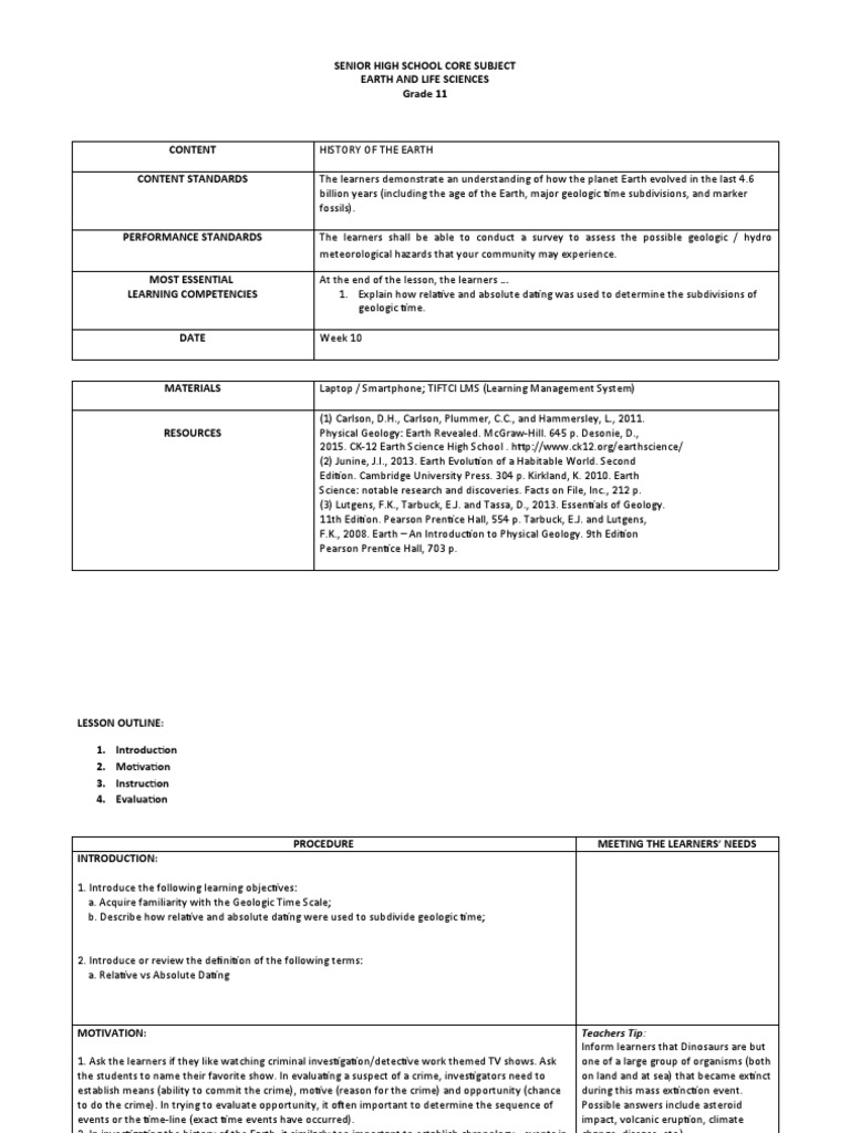 DETAILED LESSON PLAN Earth and Life Sciences Grade 11 Week 10 | PDF ...