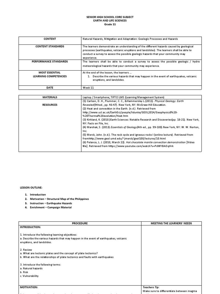 DETAILED LESSON PLAN Earth and Life Sciences Grade 11 Week 11 | PDF ...