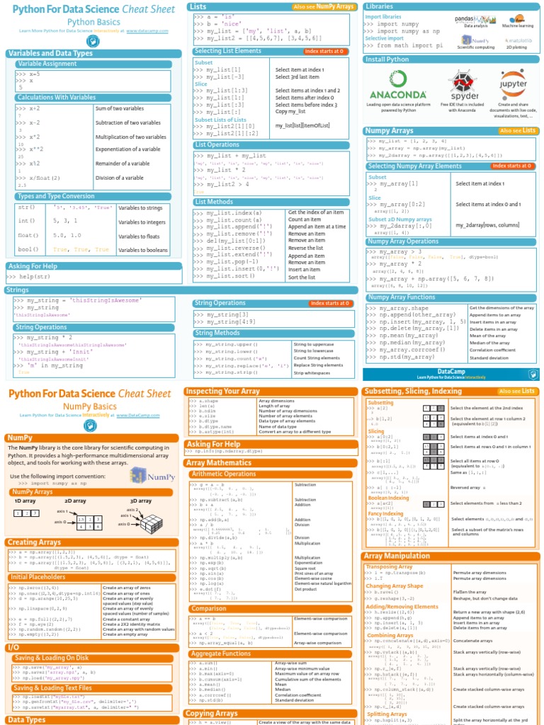 Python Datascience Cheat Sheet Pdf Matrix Mathematics Computing 