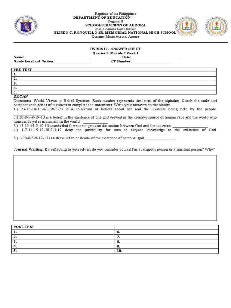 IWRBS 12 - ANSWER SHEET: Quarter 3 Module 2 Week 1 | PDF