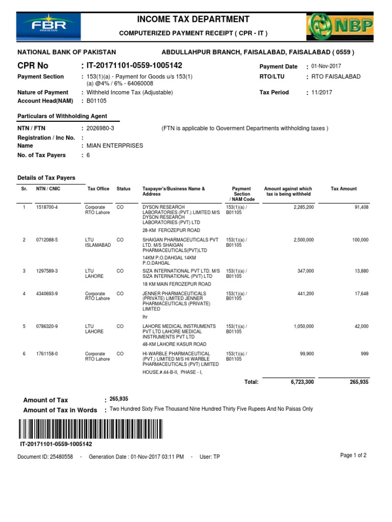 Income Tax Department: Computerized Payment Receipt (CPR - It) | PDF ...