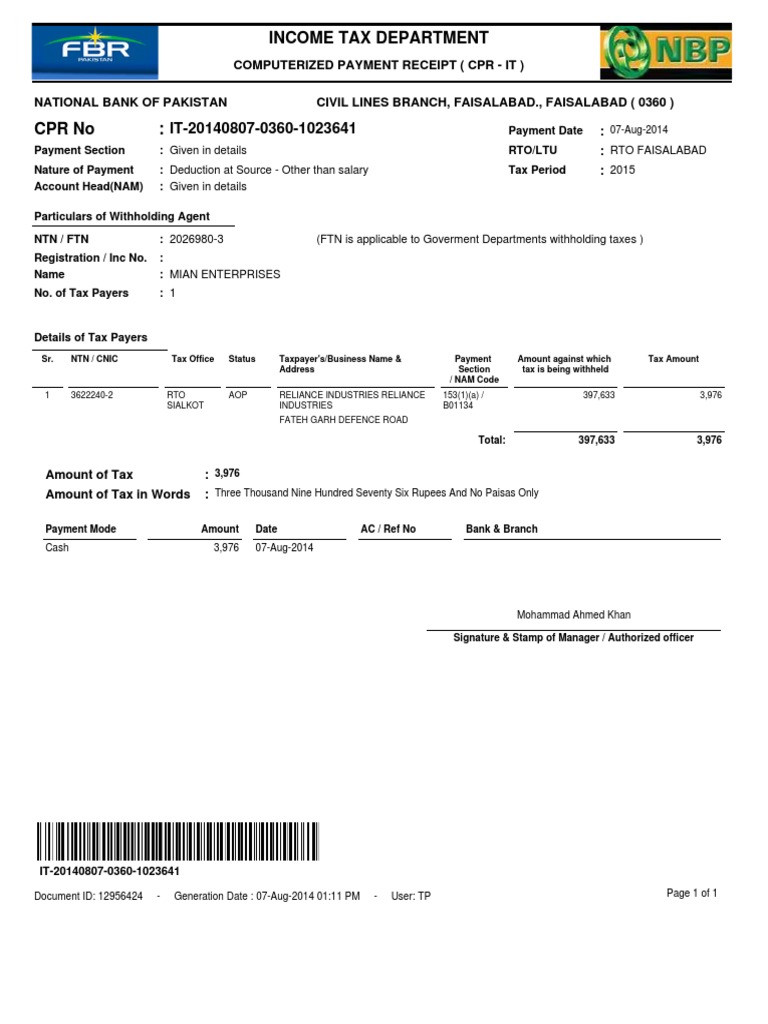 Tax Receipt for Reliance Industries | PDF | Payments | Government