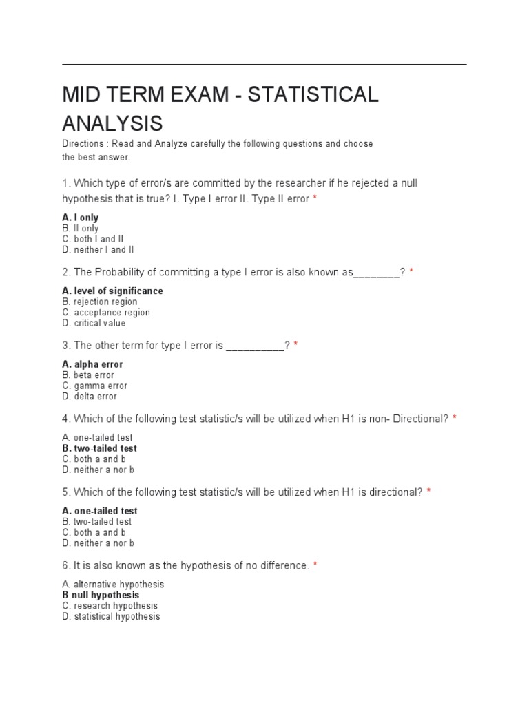 Mid Term Exam - Statistical Analysis: A. I Only | PDF | Type I And Type ...