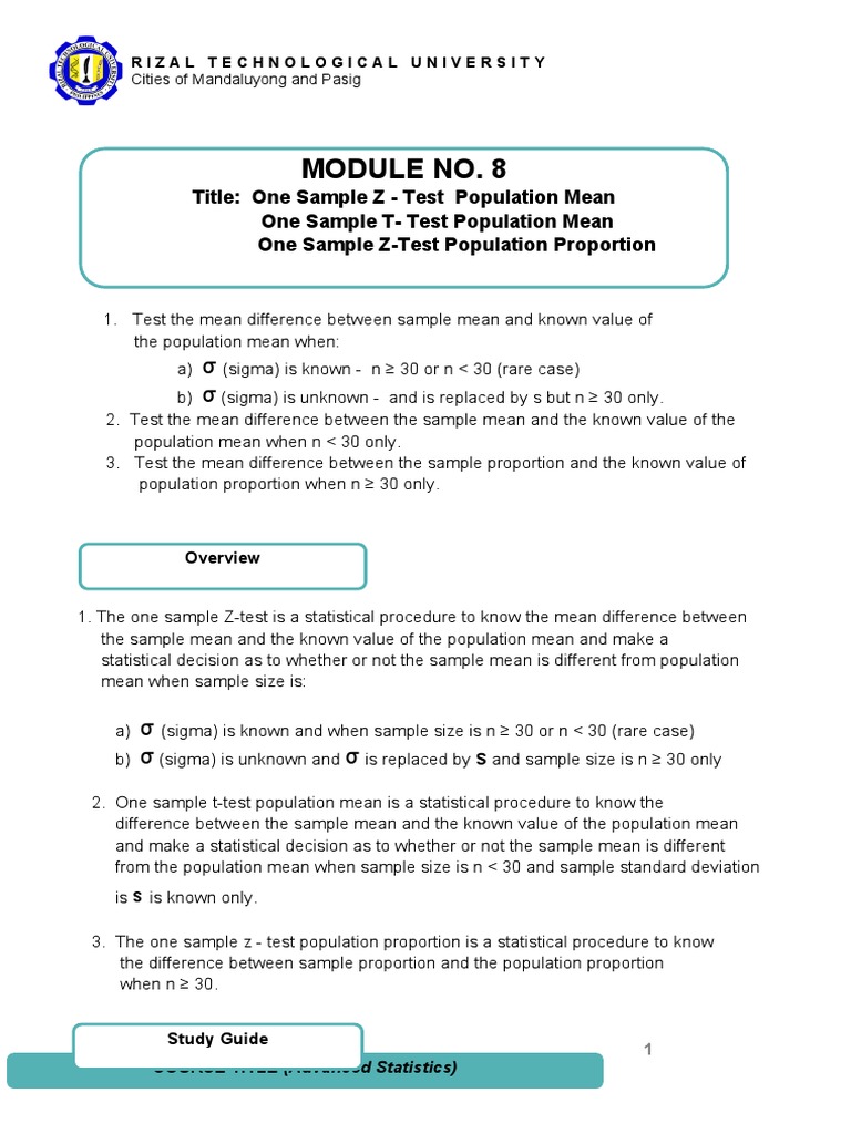 MODULE 8 One Sample Z-T - Test Population Mean | PDF | Standard ...