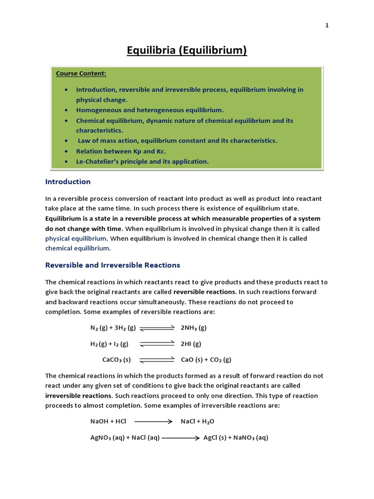Equilibria (Equilibrium) : Physical Equilibrium Chemical Equilibrium ...