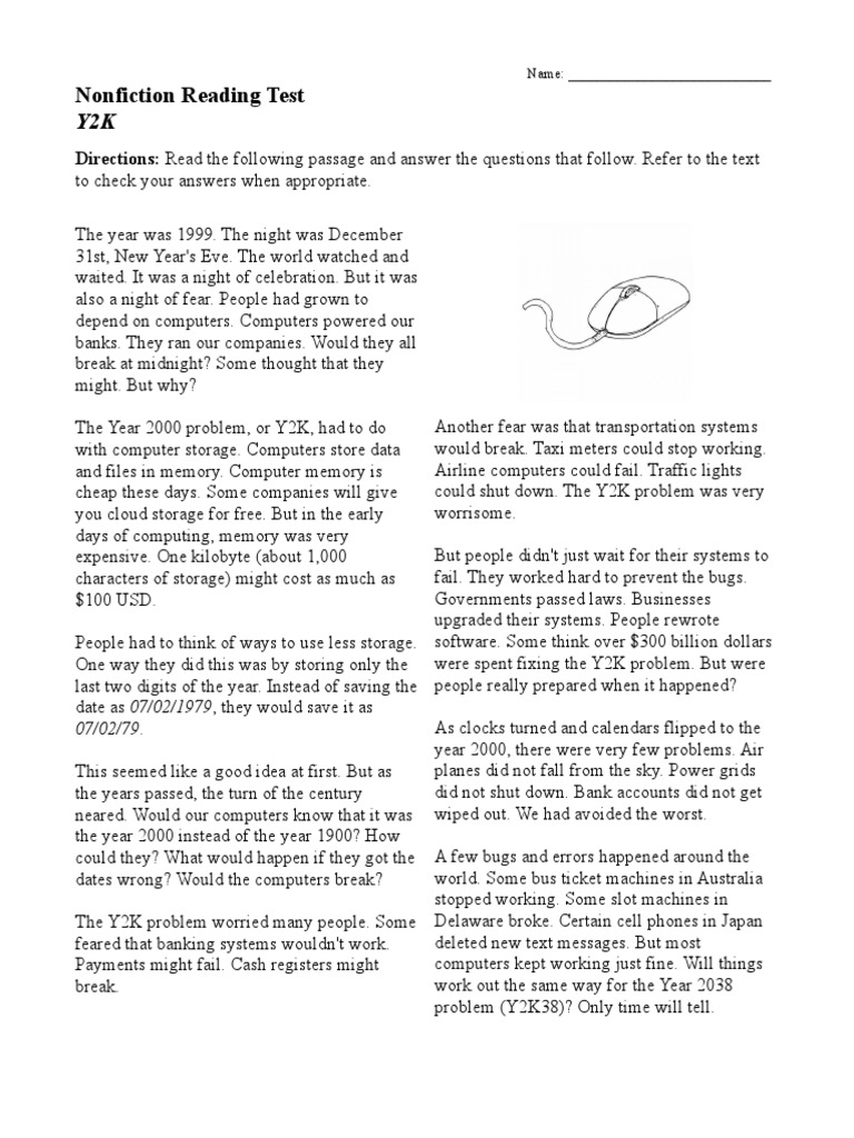 Nonfiction Reading Test: Directions: Read The Following Passage and ...