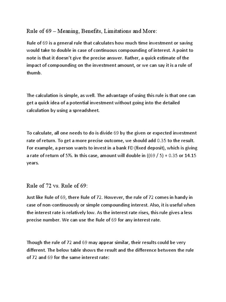 Rule of 69 - Meaning, Benefits, Limitations and More | PDF | Interest ...