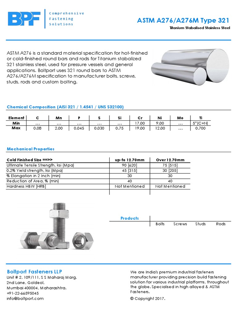 ASTM A276/A276M Type 321: Chemical Composition (AISI 321 / 1.4541 / UNS ...