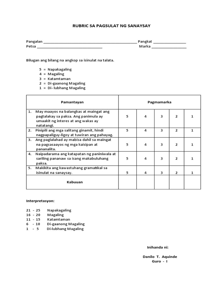 Rubric Sa Filipino | PDF