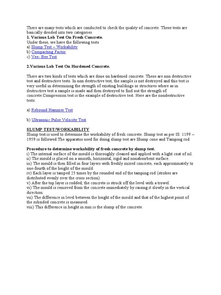 Slump Test - Workability Compacting Factor Vee-Bee Test: 1. Various Lab ...
