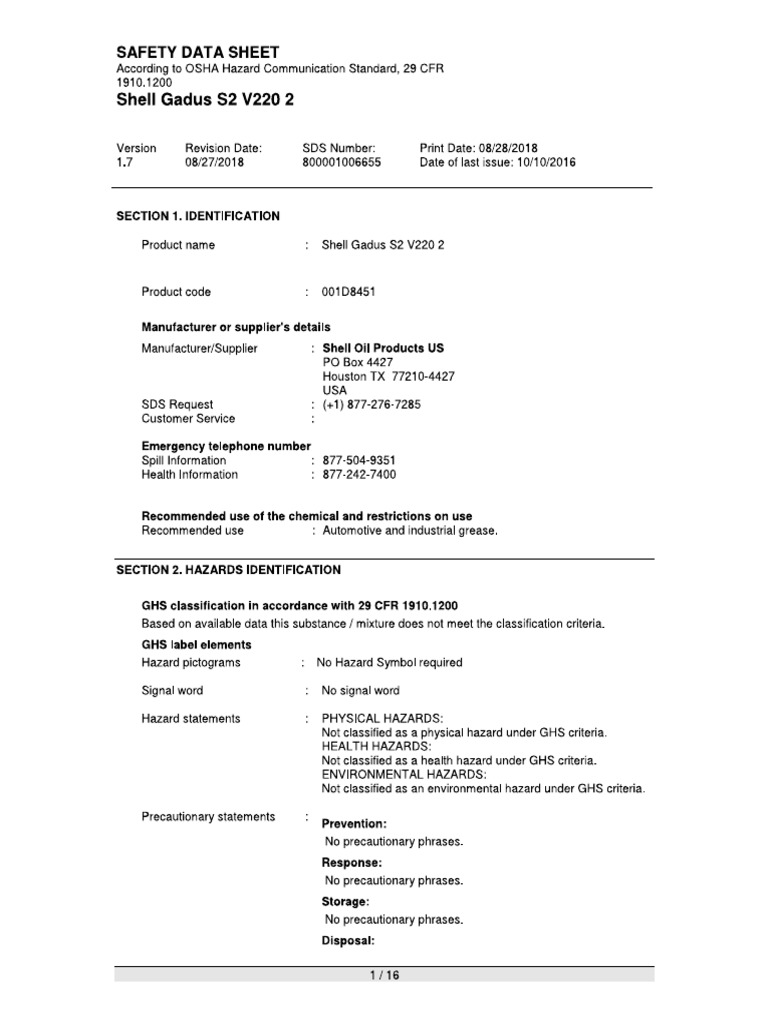 Shell Gadus S2 v220 MSDS | PDF