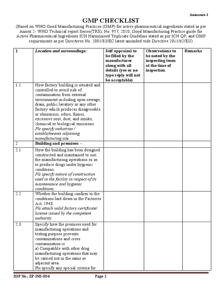 GMP Checklist: Location and Surroundings | PDF | Verification And Validation | Packaging And ...