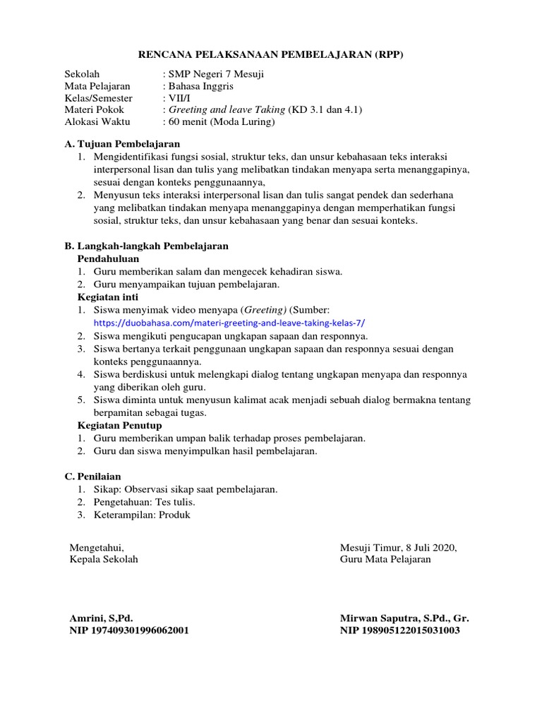 RPP Materi Greeting and Leave Taking Kelas 7 | PDF | Karier & Perkembangan | Seni & Disiplin Bahasa