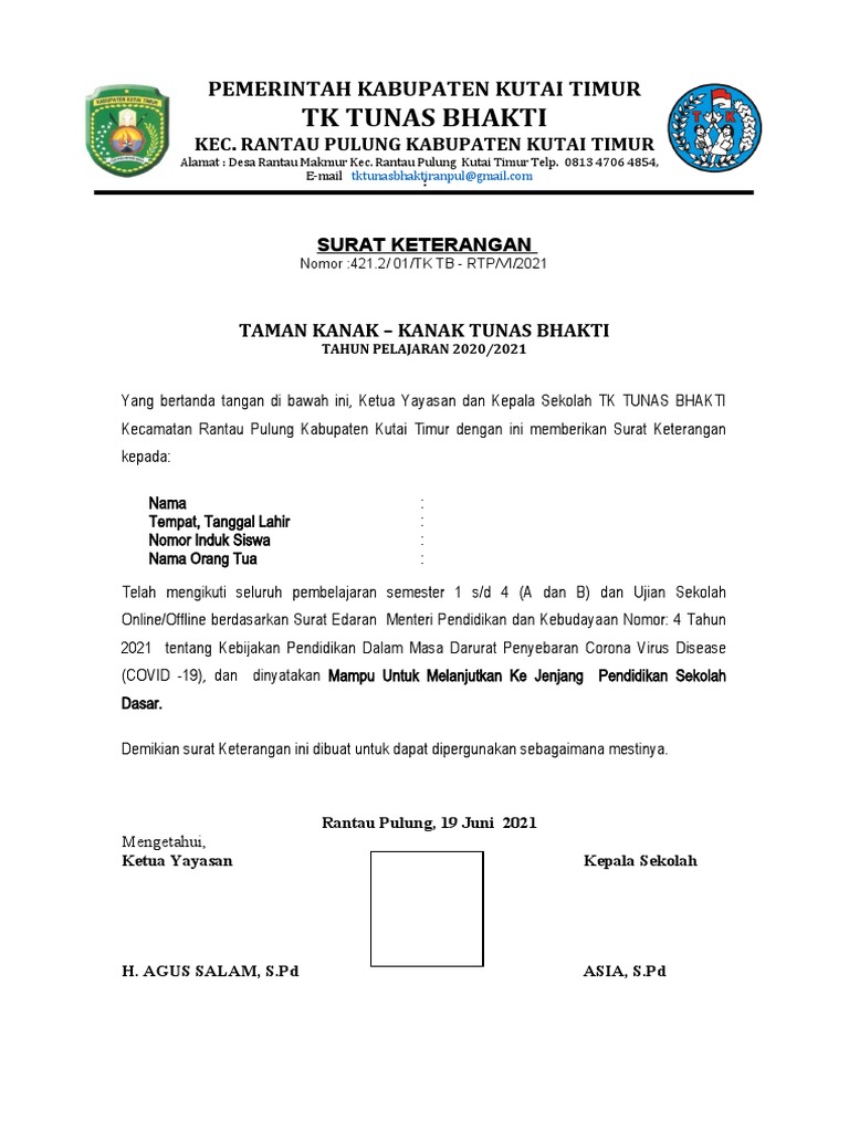 Ijazah TK Tunas Bhakti 2021 | PDF