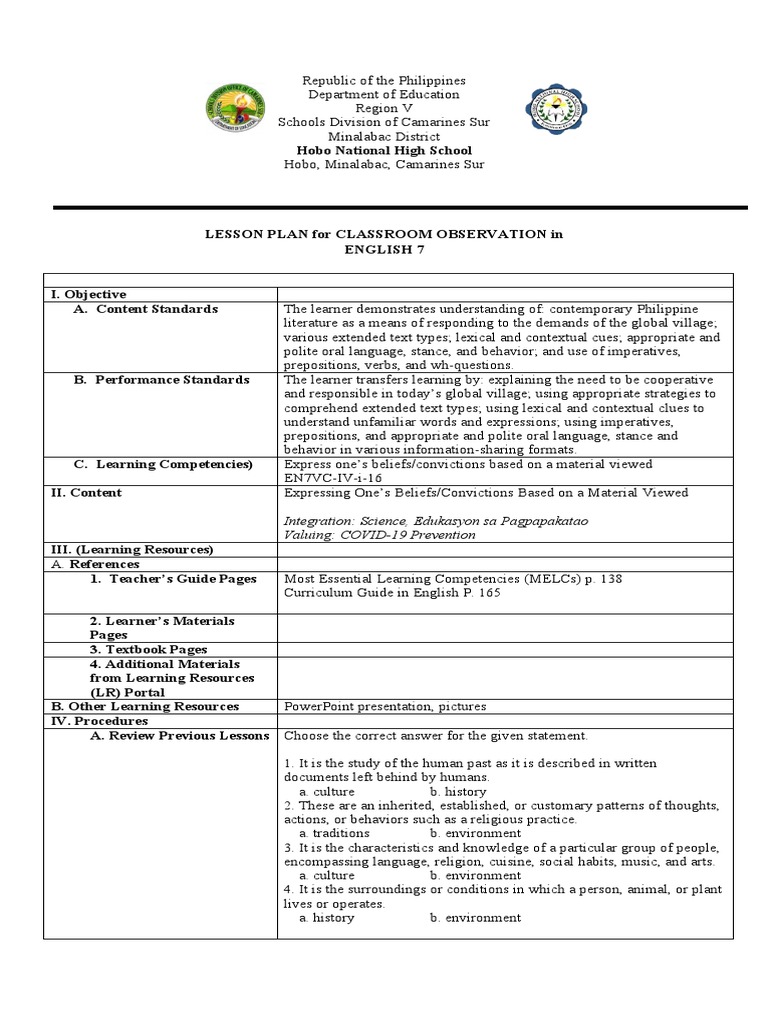 Classroom Observation - Lesson Plan in English 7 | PDF | Science | Learning